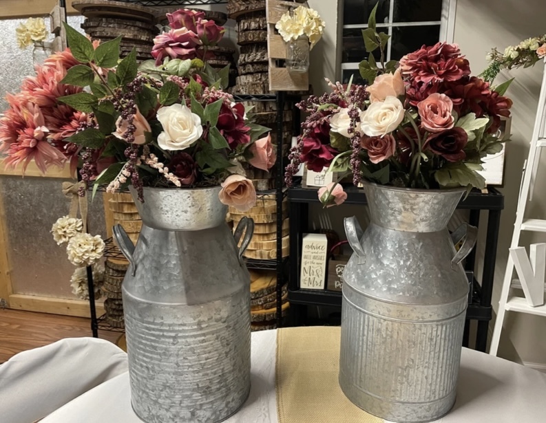 Dusty Rose Flowers in Large Metal Milk Cans | Lucky in Love