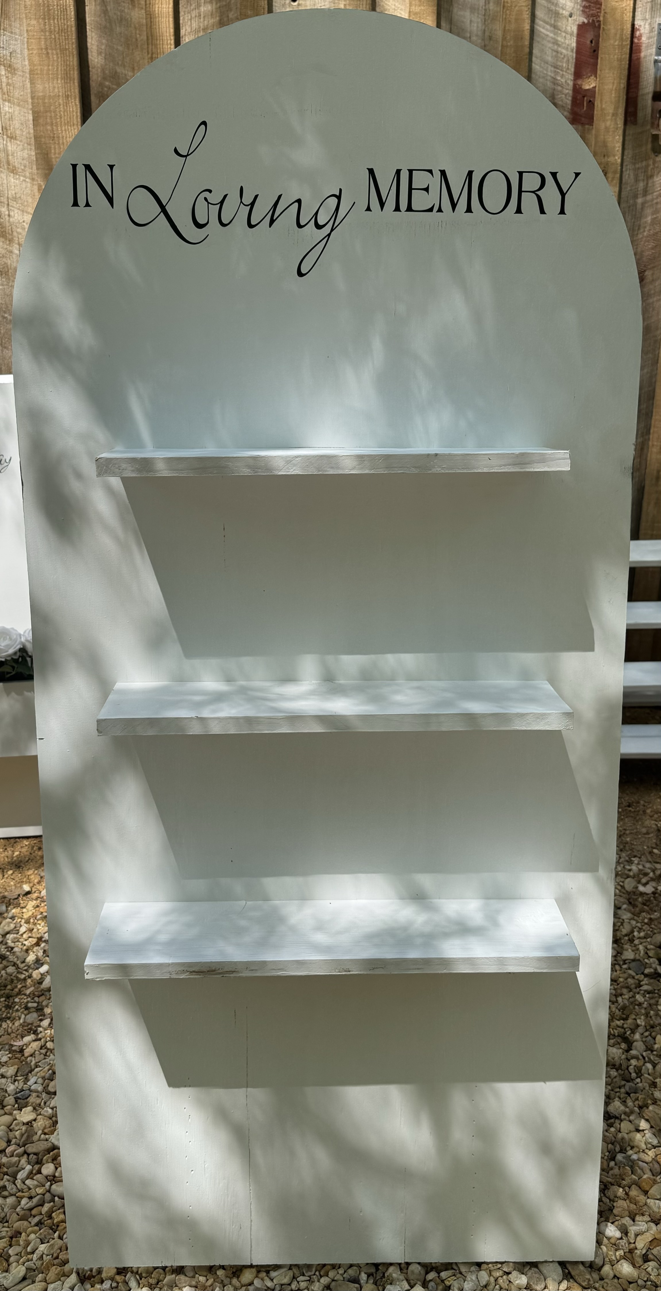 “In Loving Memory” wood board with shelves | Lucky in Love