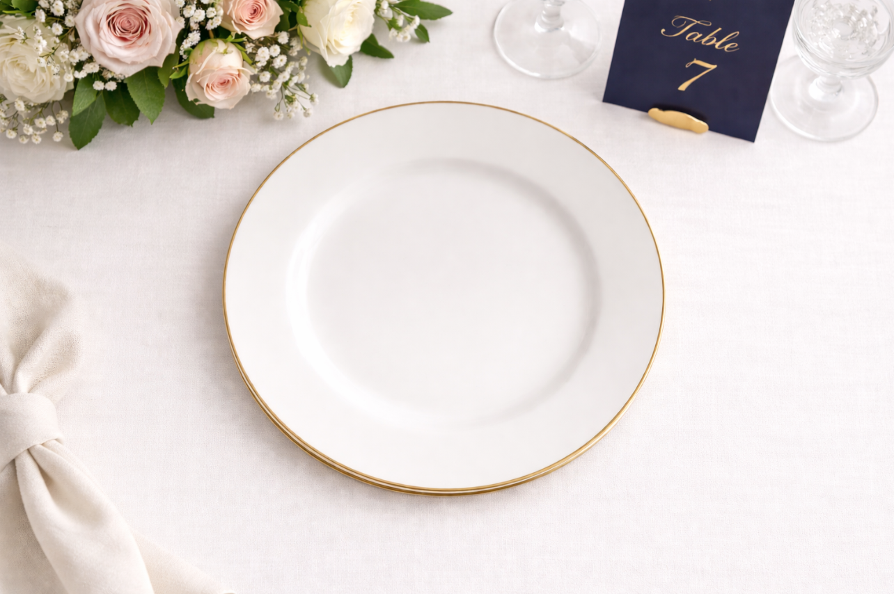 Gold Rim Dinner Plate | Beggars Banquet Rentals - Your Event Rentals ...