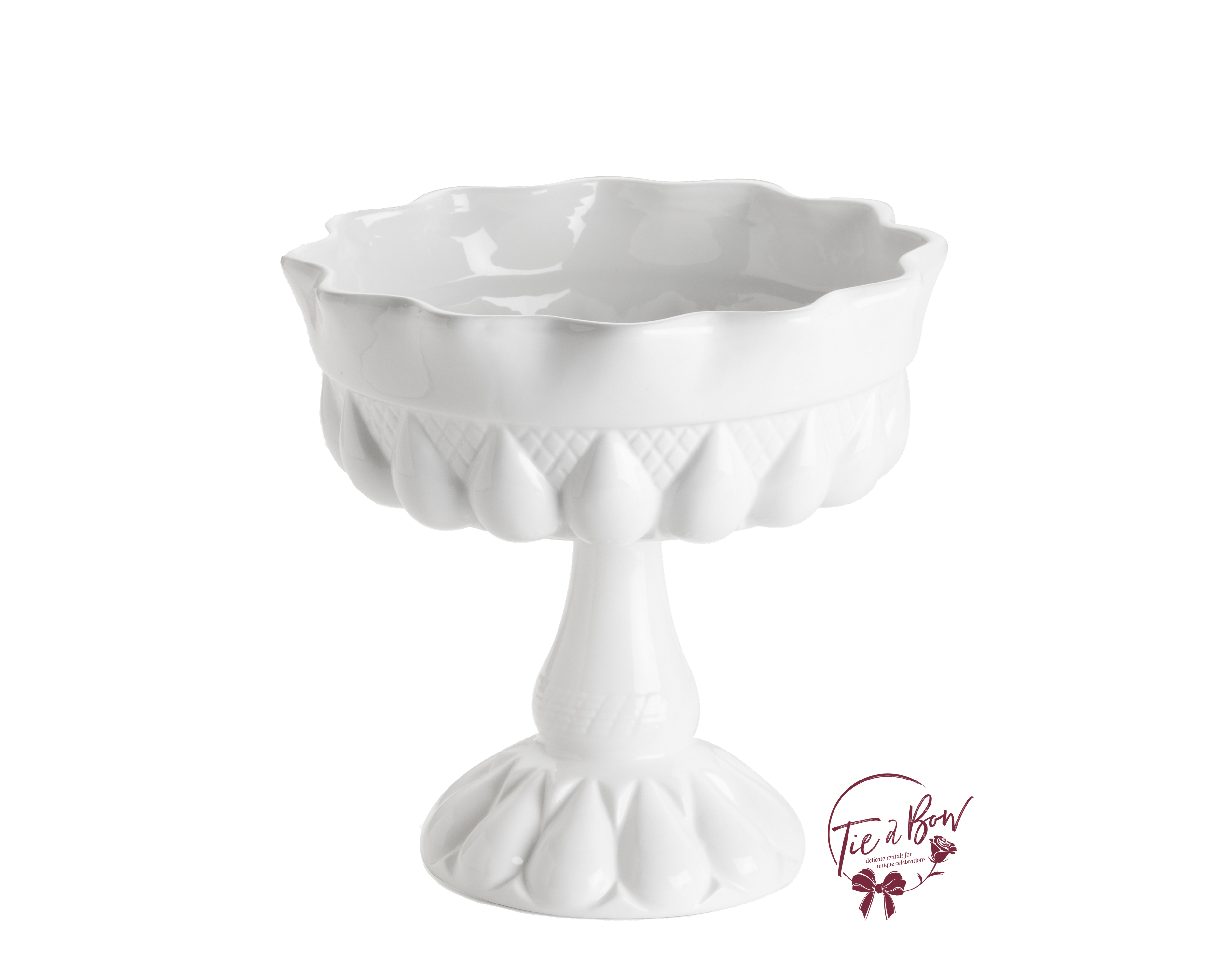 White Footed Bowl With Large Teardrop Design | Tie a Bow Rentals
