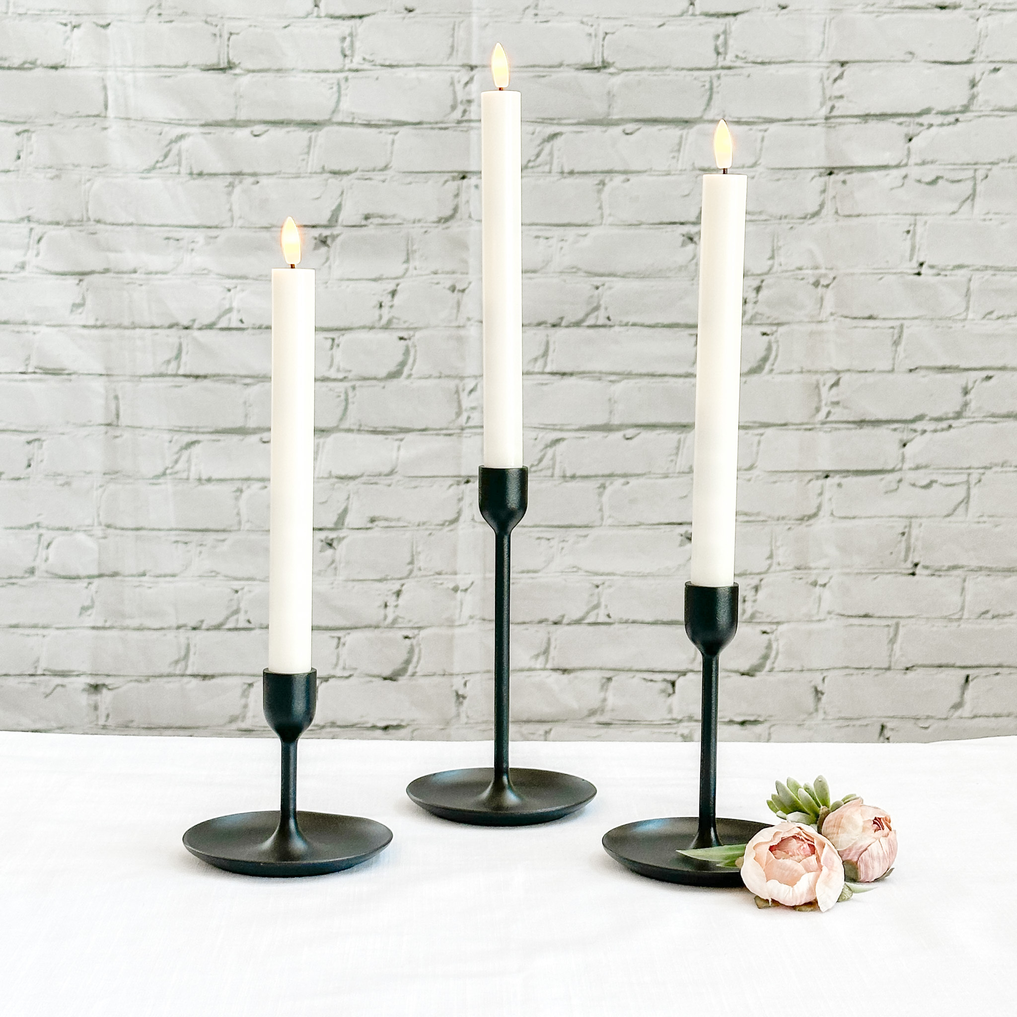 Black Skinny Candlestick & LED Taper Trio | BOXWOOD EVENTS LTD.