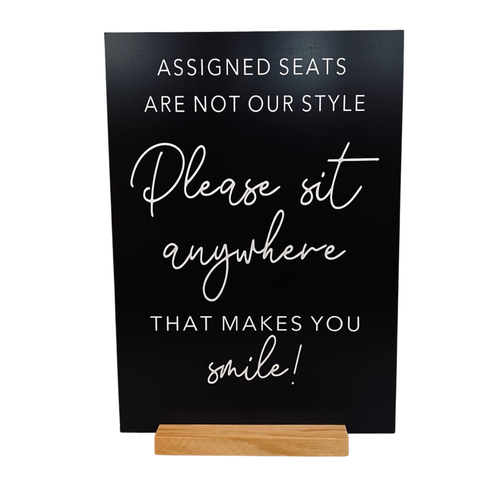 Please Sit Anywhere Sign (Black) - Wood Base | BOXWOOD EVENTS LTD.