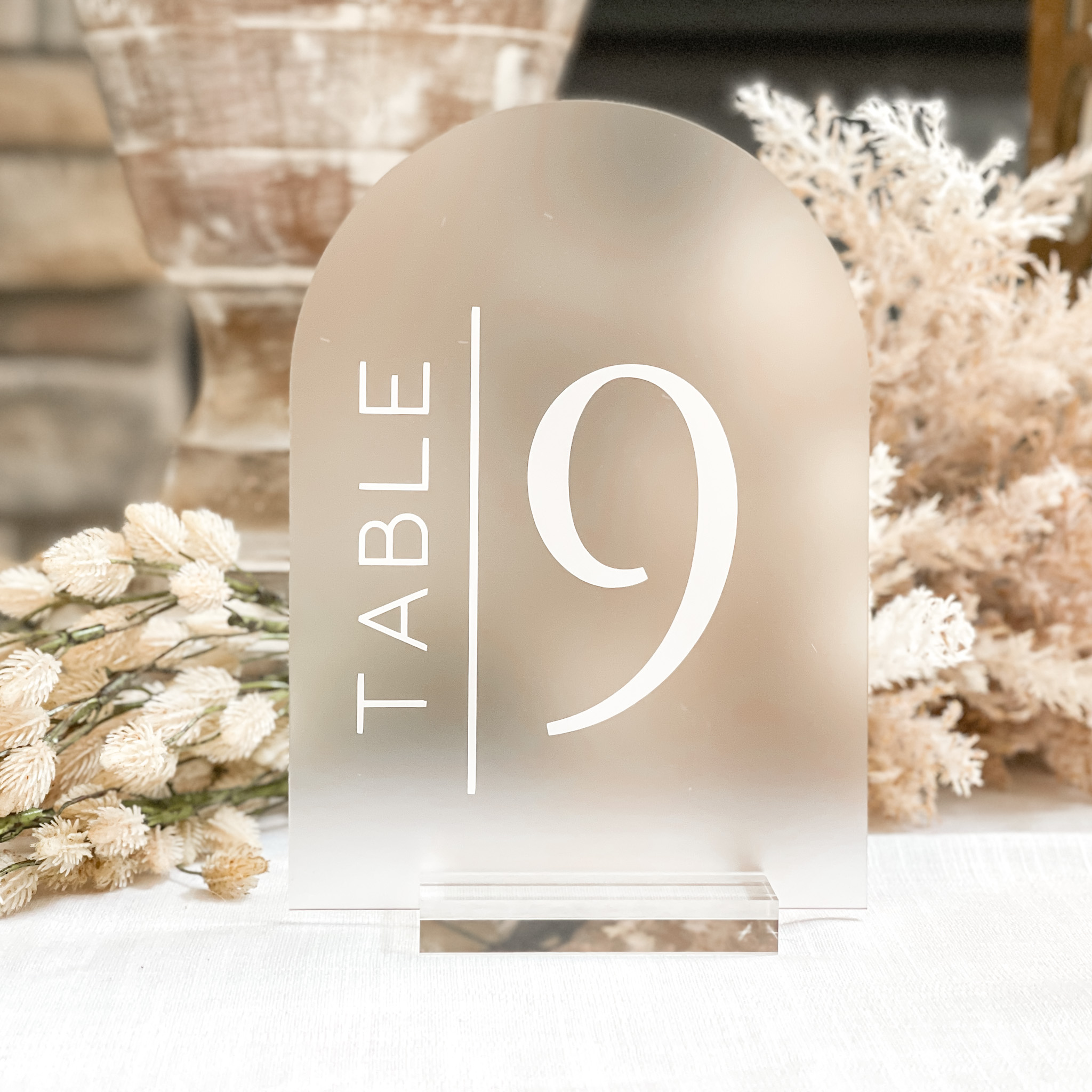 Acrylic Arch Table Numbers (Havana) - Frosted/White | BOXWOOD EVENTS LTD.