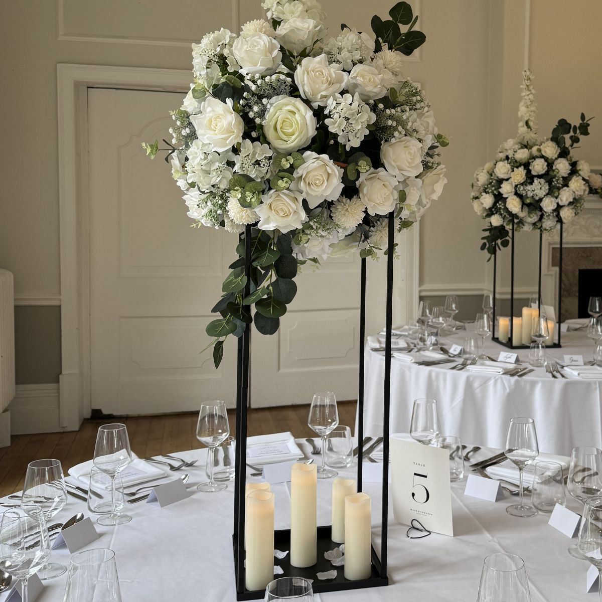 Black, White & Sage Flower Stand Centrepiece | Enchanted Weddings ...